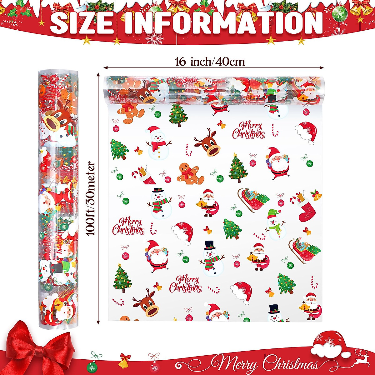Christmas Cellophane Wrapping Paper 100 ft x 16 Inch 2.5 Mil Thick Cello Wrap Roll Crystal Clear Xmas Tree Santa Paper Wrapper Snowman Cellophane Gift Wrap for Treat Small Basket Craft Holiday