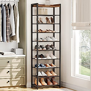 HOOBRO 10 Tier Shoe Rack, Narrow Shoe Storage Organizer with 9 Metal Shelves, Saving Space, Stable and Sturdy, Hold 18-27 Pairs of Shoes, for Entryway, Hallway, Living Room, Rustic Brown BF40XJ01