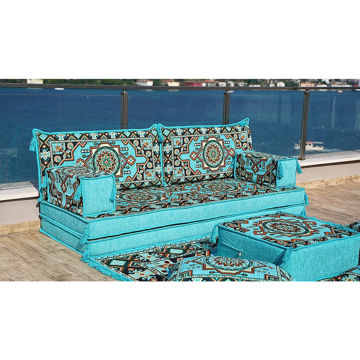 Turquoise Arabic Living Room, Moroccan Home Decor, Floor Cushion, Arabic Floor Couch, Turkish Floor Sofa, Ethnic Sofa, Arabic Sofa Seating (Sofa Full Set)