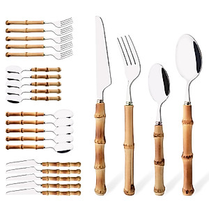 Uniturcky Bamboo Silverware Ser, 24-Piece Natural Bamboo Flatware Cutlery Set for 6, Stainless Steel Silver Head with Bamboo Handle, Include knife Fork Spoon Utensil for Daily Use and Party, Reusable