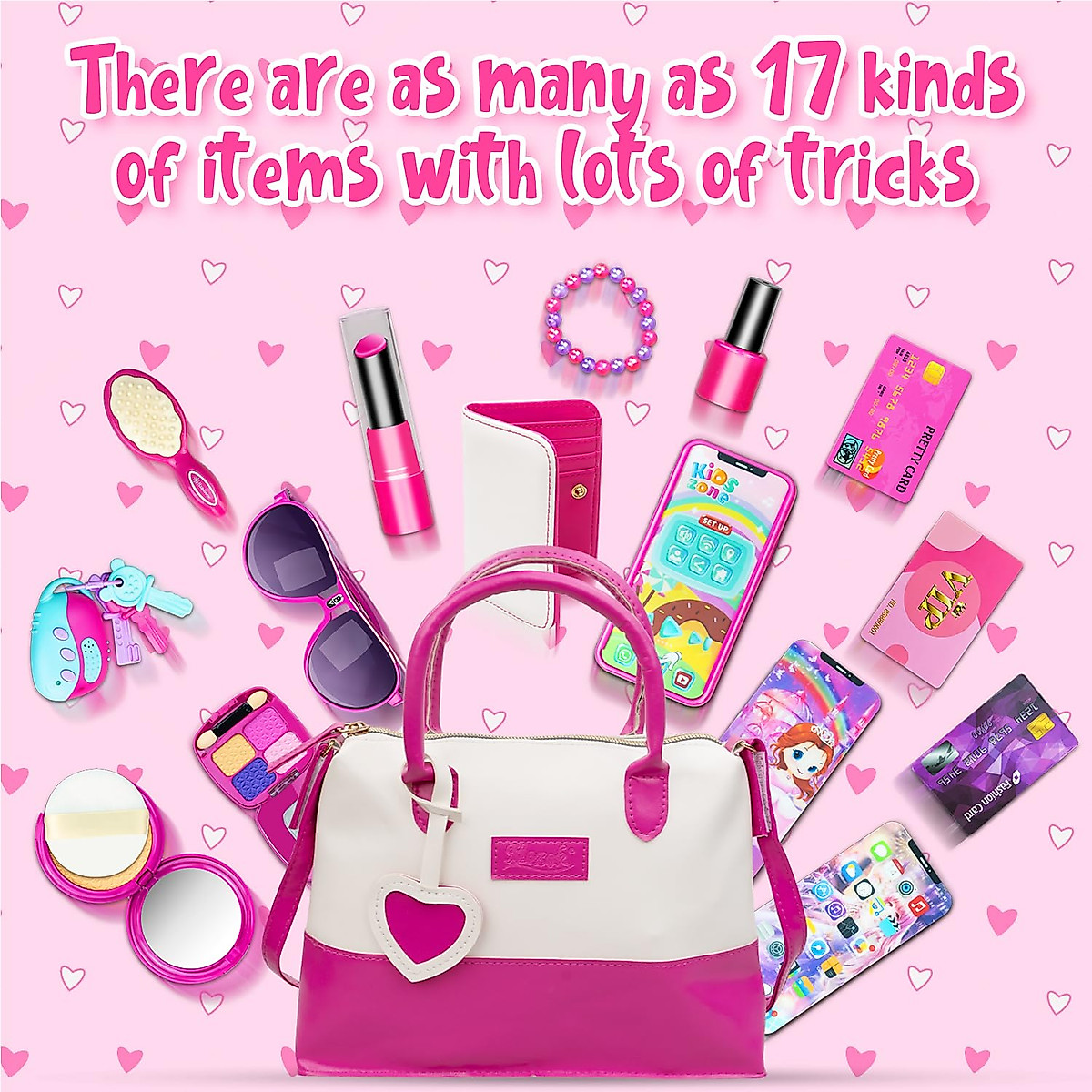 Mozok Kids Makeup Kit for Girl, 15 Pcs Princess Pretend Makeup Play Purse Set with Accessories, Kids Dress Up Purse Girl Toys for 3 4 5 6 7 8 9 10 Years Old Little Girls Toddlers Birthday Gifts