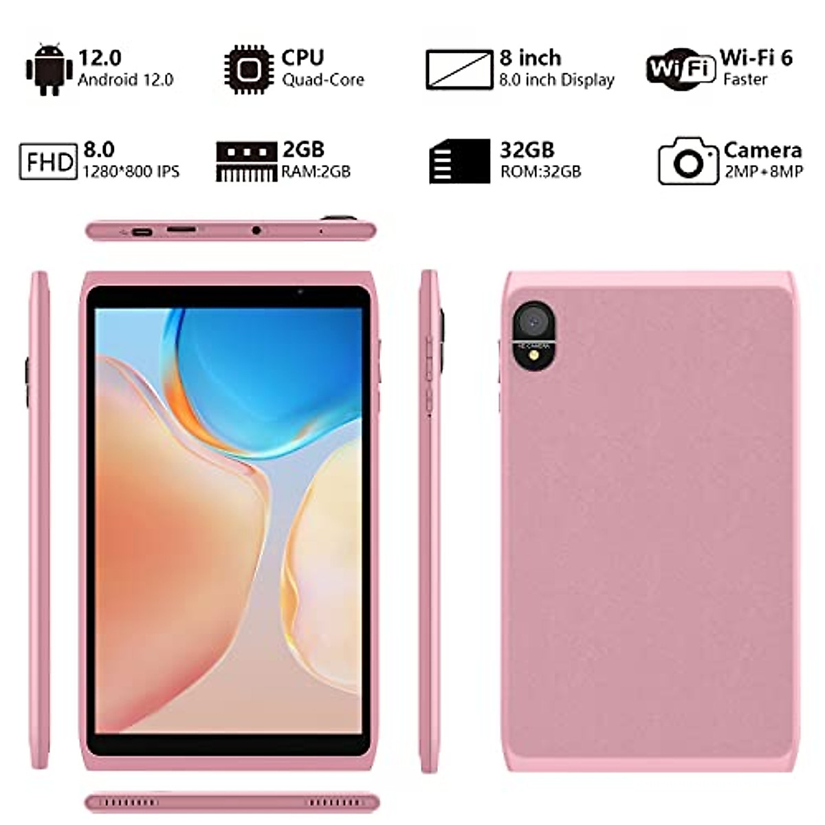Tablet Android 12 Tablets 8 inch, WiFi 6 Tablet Computer 2GB RAM 32GB ROM, 1280x800 IPS Touch Screen, 2+8MP Dual Camera, 4300mAh Battery, Google GMS Certified Tablet PC, Pink