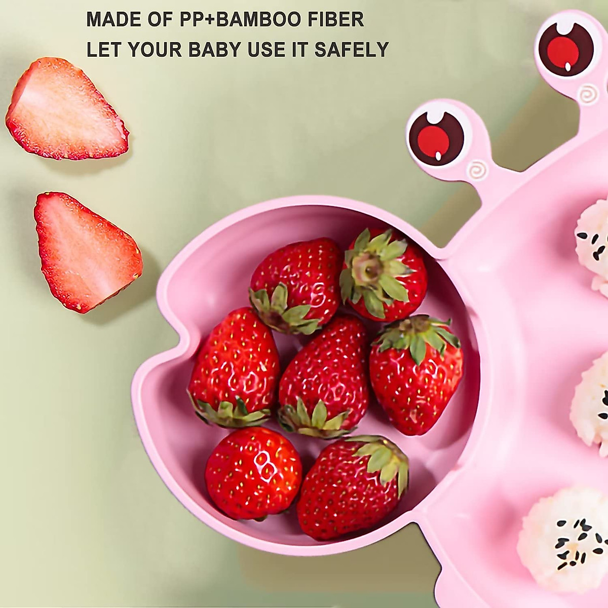 THERDO Toddler Plate and Utensil Set, Divided Baby Plate, Self Feeding Training for Baby, Bamboo Kids Food Plate BPA Free, Microwave Dishwasher Safe, Cute Crab Shaped Cartoon Feeding Plate(Pink)