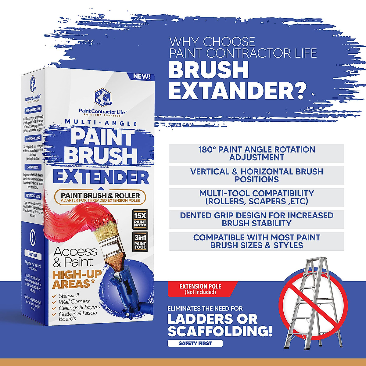 Multi-Angle Paint Brush Extender - Paint Edger Tool for High Ceilings, Walls, Trim and Corner Painting Tool, Paint Roller Extension Pole Attachments for Cutting in Clean, Paint Pole Extension Device