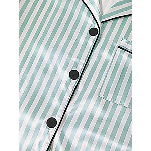 LYANER Women's Striped Silky Satin Pajamas Short Sleeve Top with Shorts Sleepwear PJ Set Light Green Small