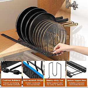 Housolution Pull Out Pot and Pan Organizer Rack for Under Cabinet, Slide Out Pot Lid Organizer Holder with 10 Adjustable Dividers, Sliding Pot and Pan Storage Organizer Inside Cabinet, Black