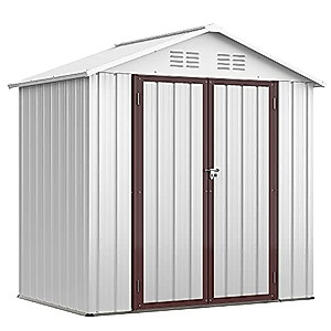Hootata 6' × 4' Metal Outdoor Storage Shed with Door & Lock, Galvanized Waterproof Garden Storage Tool Shed with Base Frame for Backyard Patio,White-Chocolate