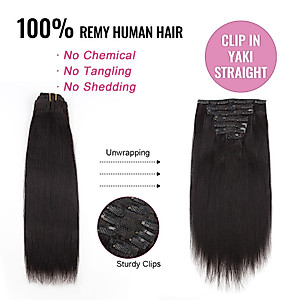 ABH AmazingBeauty Hair Real Remy Thick Yaki Straight Clip Ins Black Hair Extensions for African American Relaxed Hair 7 Pieces 120 Gram Per Set, 14 Inch