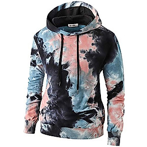 KLIEGOU Mens Tie-Dye Pullover Hooded Sweatshirt (288 Pink/Green L)