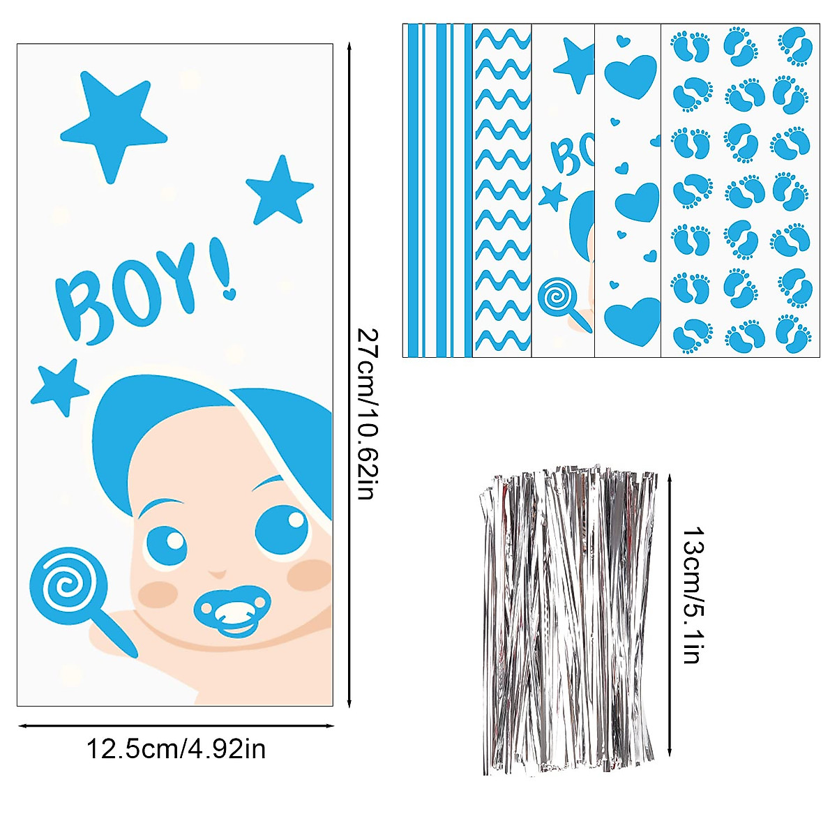 SULOLI Baby Shower Cellophane Bags,120pcs Blue Candy Gift Bags Gender Reveal Treat Bags with 150 Twist for Baby Boy Shower Party Favor Candy Buffet Supplies