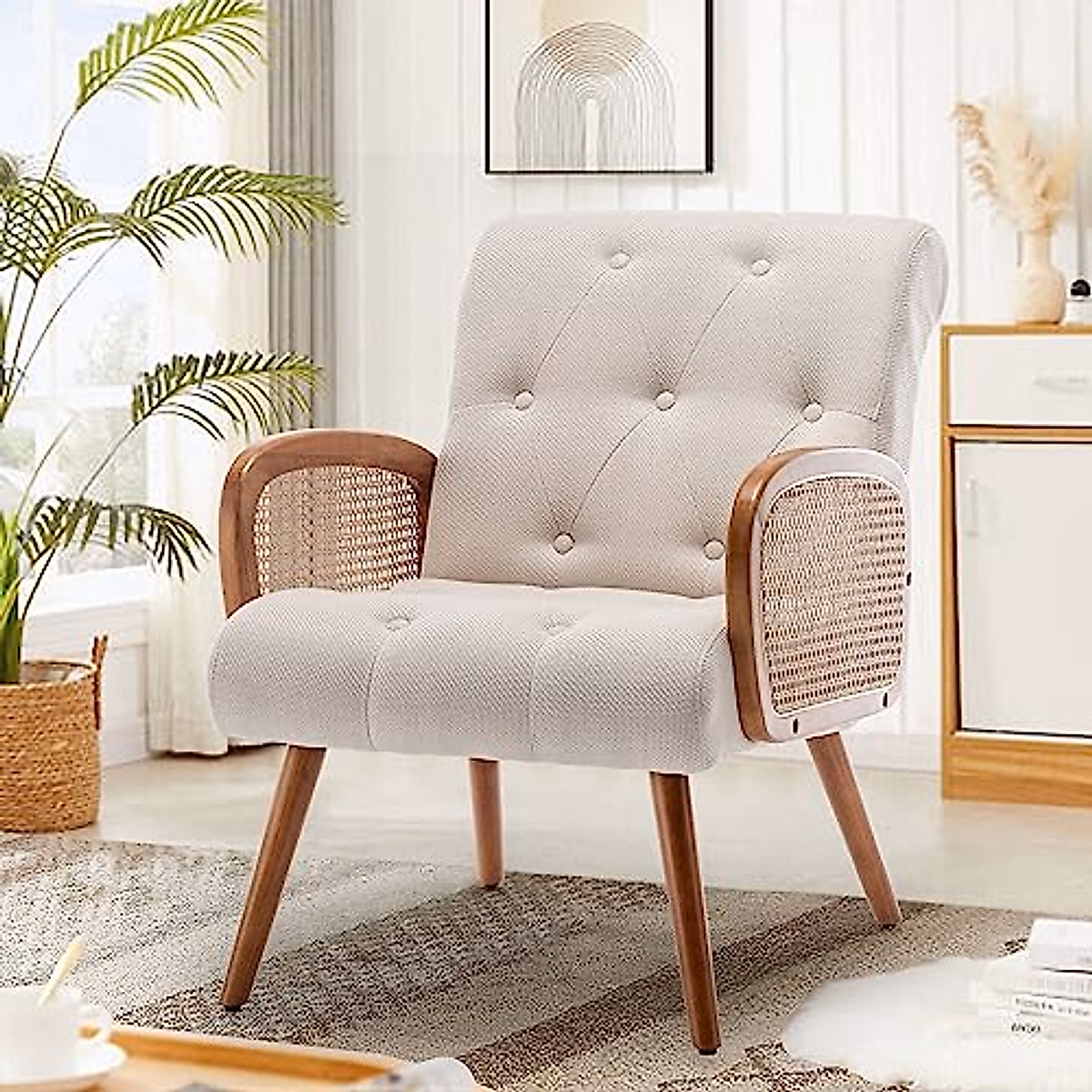 POINTANT Rattan Accent Chair Modern Chair with Rattan Arms Reading Side Mid Century Chair Living Room Chair Boho Chair with Wooden Frame for Home Bedroom Beige
