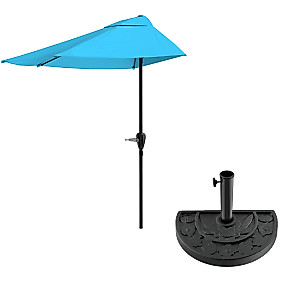 Half Umbrella Outdoor Patio Shade - 9 ft Patio Umbrella with Easy Crank - Small Canopy for Balcony, Table, or Deck by Pure Garden (Brilliant Blue)