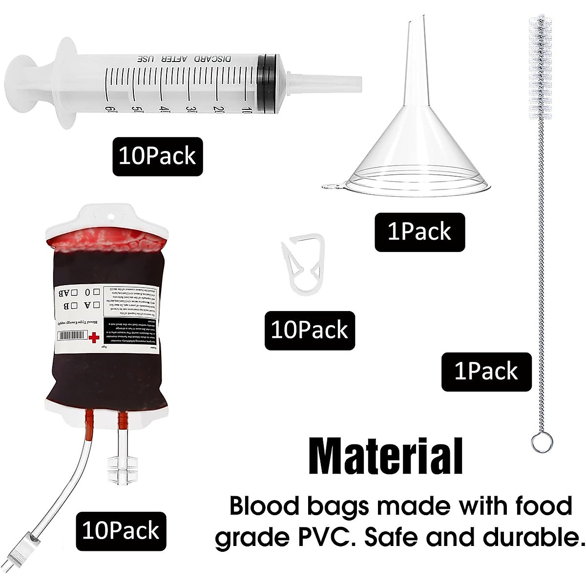 CandyHome 20 Pack Blood Bags for Drinks Sets, 10 Pcs Blood Bags, 10 Pcs 2 oz Jello-Shot-Syringes Reusable Halloween Party Supplies Drink Containers, Zombie Vampire Nurse Props