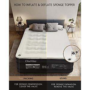 OlarHike Signature Collection Queen Air Mattress with Built in Pump,18” Luxury Air Mattress with Silk Foam Topper for Camping, Home & Guests, Fast & Easy Inflation/Deflation Airbed Black