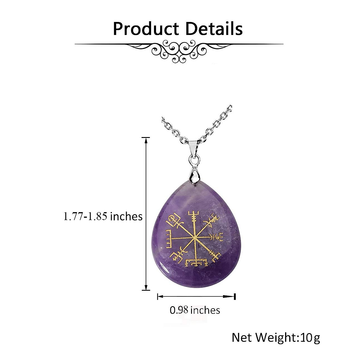 Jovivi Silver Plated Viking Compass Vegvisir Amethyst Crystal Necklace Teardrop Healing Stone Gemstone Chakra Pendant with 24" Necklace