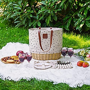 WILLOW WEAVE Willow Picnic Baskets Set for 4, Sturdy Woven Base & Linen Picnic Beach Tote Bag with Drawstring Closure, Insulated Lining & Durable Straps, for Outdoor Events, Shopping - Cherry