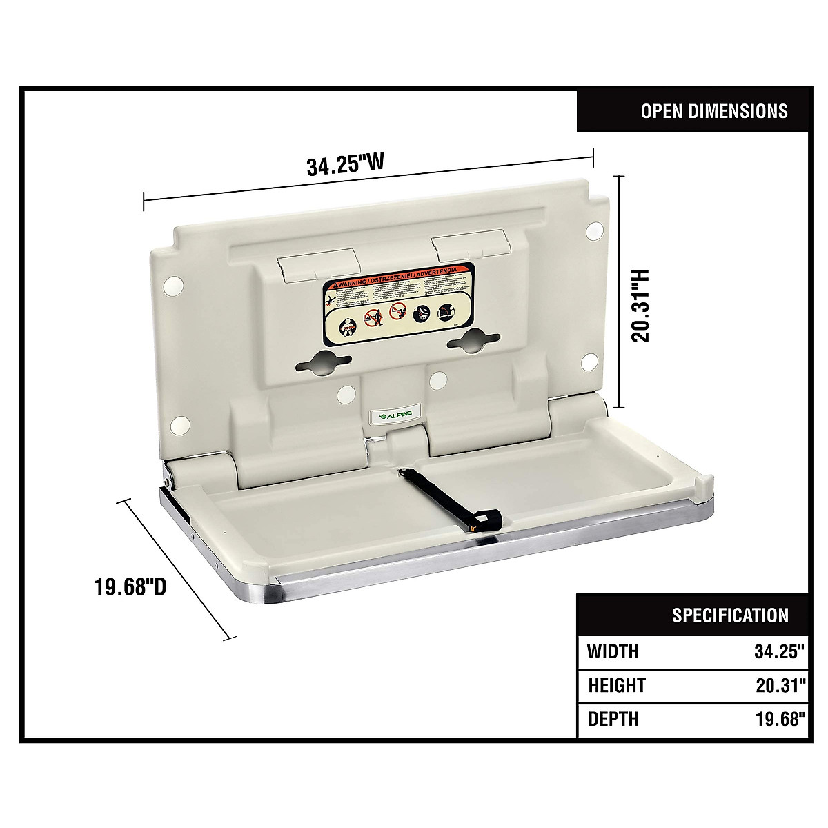 Alpine Industries Wall Mounted Baby Changing Station - Horizontal Fold Down Diaper Changing Table with Safety Strap - Ideal for Commercial Bathrooms