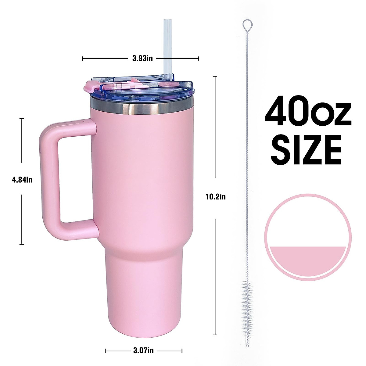 Yerivei 40 oz Tumbler with Handle and Straw Lid,Insulated Reusable Stainless Steel Water Bottle Travel Mug，Cupholder Friendly Double Wall Vacuum Sealed Cup (Pink)