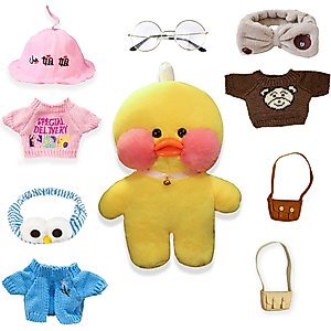 MOMIU Yellow Duck Plush Toy with 9 Pcs Duck Stuffed Animal Clothes and Accessories-Cute Duck Stuffed Animal with Glasses, Birthday Gifts for Kids