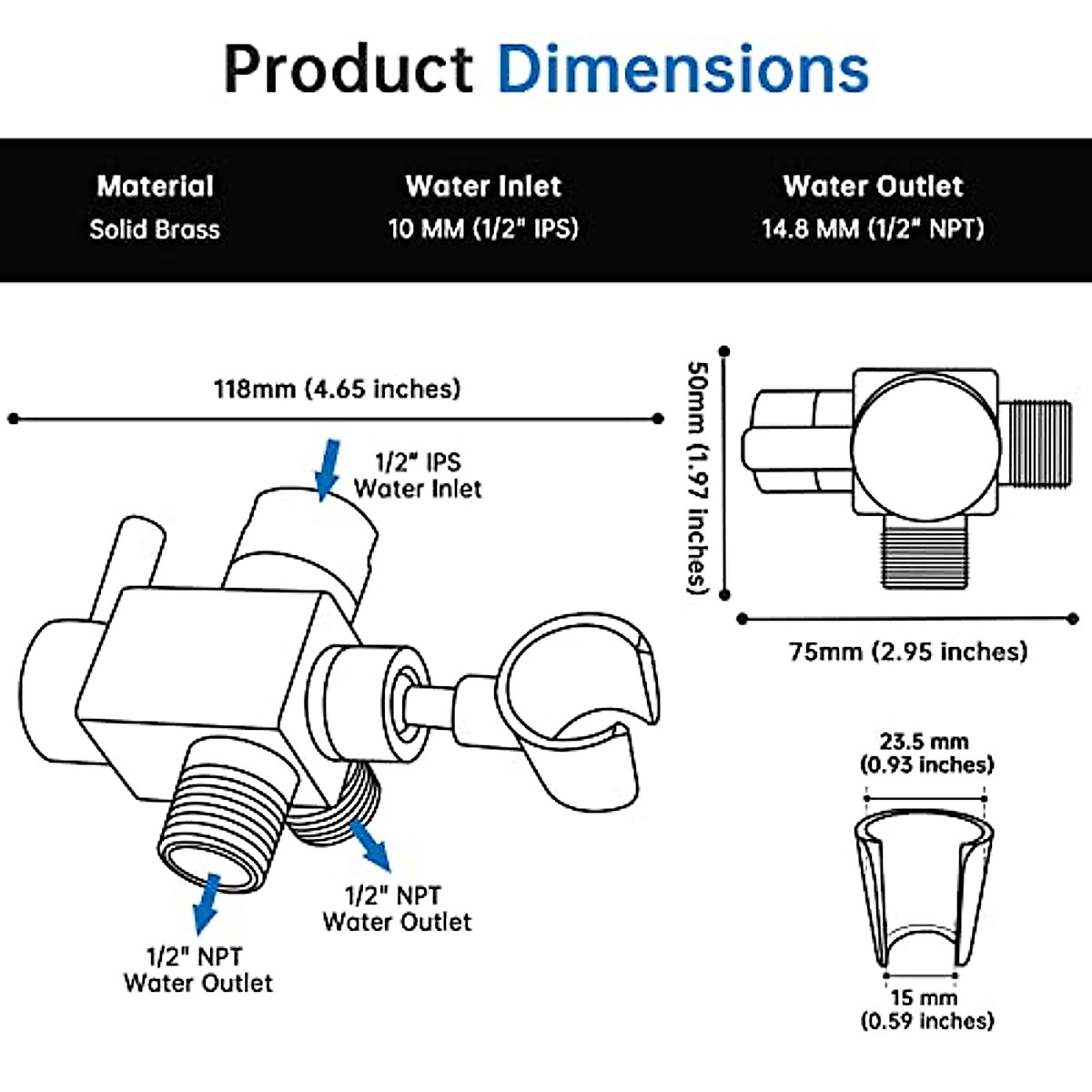 G-Promise Metal 3-Way Shower Diverter with Shut-off Setting and Handheld Holder for Bathroom Shower System, 4 Settings Diverter for Fixed Rain Showerhead and Handheld, Universal Replacement Part