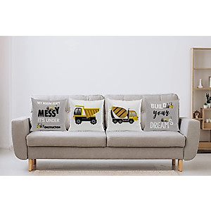 ZJSYXXU Construction Truck Kids Pillow Covers - Construction Room Decor for Boys, Construction Toddler Bedding Decorative Throw Pillows Cover for Bedroom Playroom, 18x18 Pillow Cover Set of 4