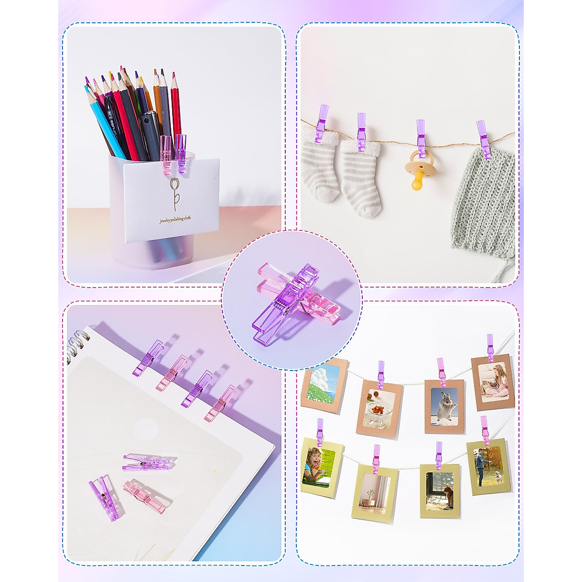60PCS Purple Clothes Pins for Baby Shower Games Girl, Transparent Acrylic Clothes Pin Bulk, 1.4'' Mini Clothespins for Photos, DIY Crafts, Baby Shower Game Prop/Party Favors/Decorations