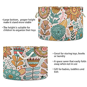Botanic Texture Detailed Flowers Collapsable Foldable Storage Baskets Round Kids Linen Dirty Clothes Hamper