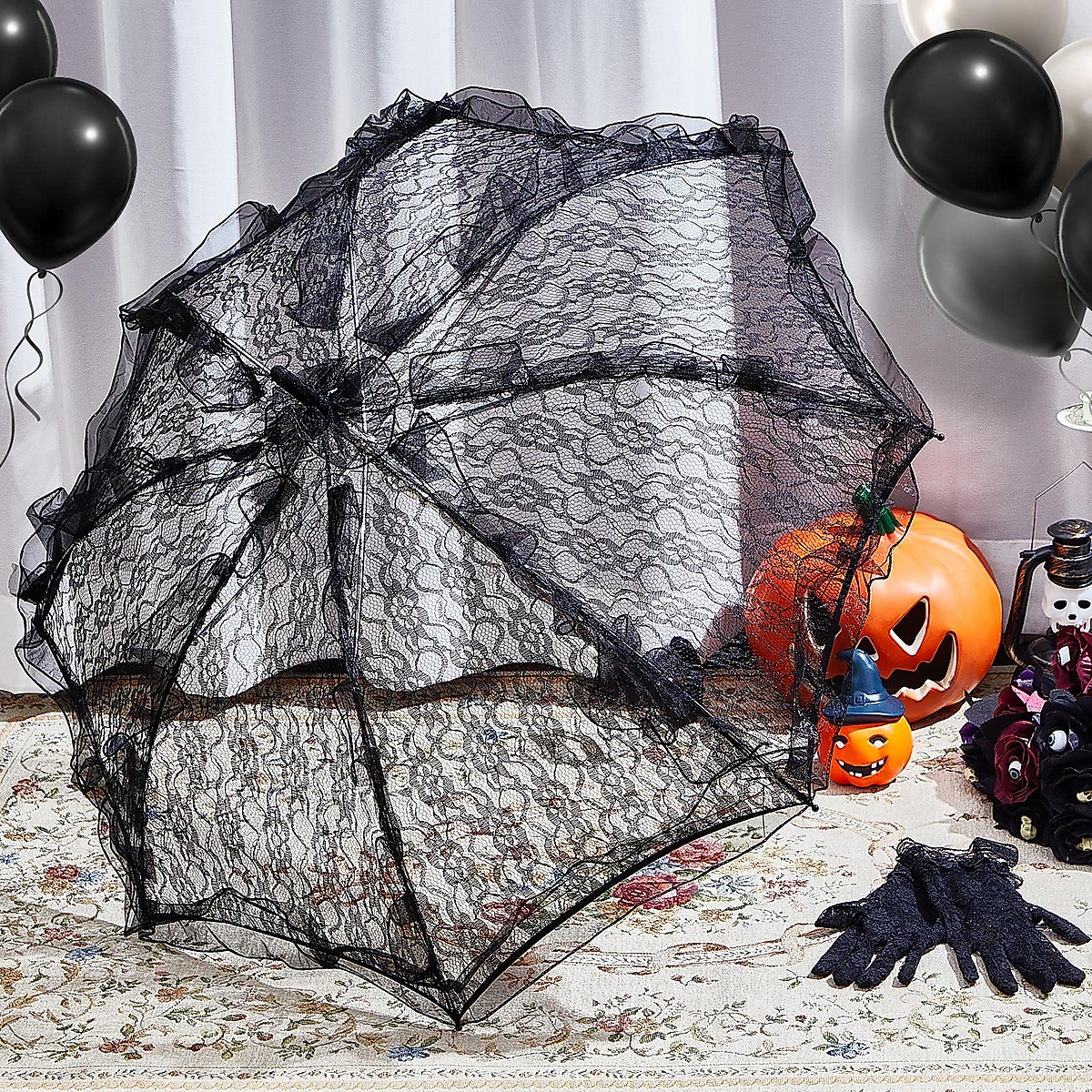 Amylove Lace Parasol Umbrella and Lace Gloves Set Wedding Bridal Umbrella for Decoration Tea Party Costume 31.5 Inch Adult Size(Black)