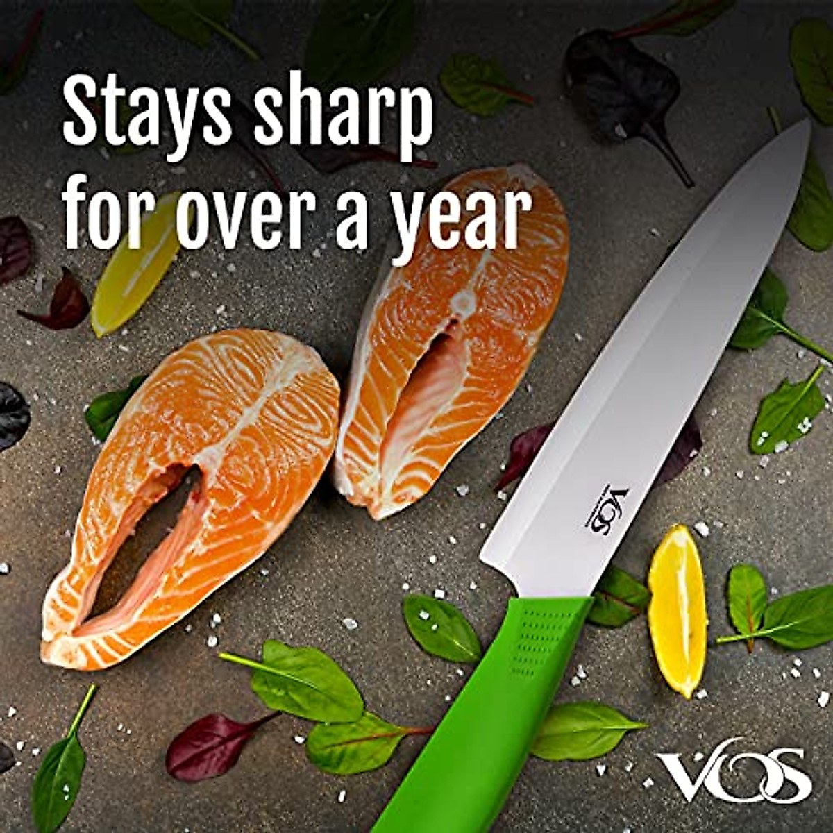 Vos Ceramic Chef Knife 8 Inch with Cover and a Gift Box - Sharp Zirconia Blade Edge for Cutting, Paring, Slicing, Dicing, Chopping - Ideal for Vegetable and Fruit (Green)
