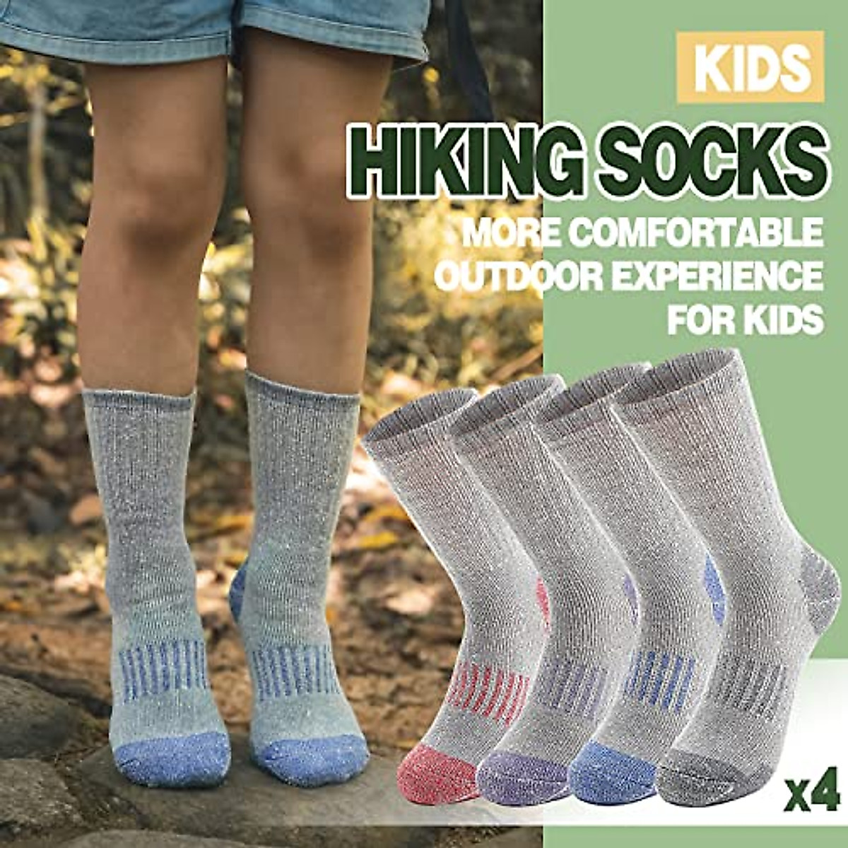 Sandsuced Kids Merino Wool Hiking Socks Girls Boys Winter Thermal Warm Cozy Boot Thick Cushion Gift Stocking Stuffers Socks 4 Pairs(Purle/Blue/Red/Grey,4-7 Years)