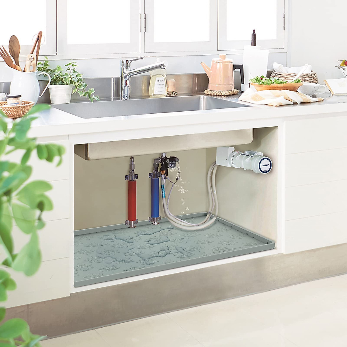 LPYFRG Under Sink Mats for Kitchen Waterproof, 34" X 22" Under Sink Liner, Under Sink Tray with Clean Brush, Kitchen and Bathroom Cabinet Flexible Silicone Sink Mat for Drips Leaks Spills (Grey)