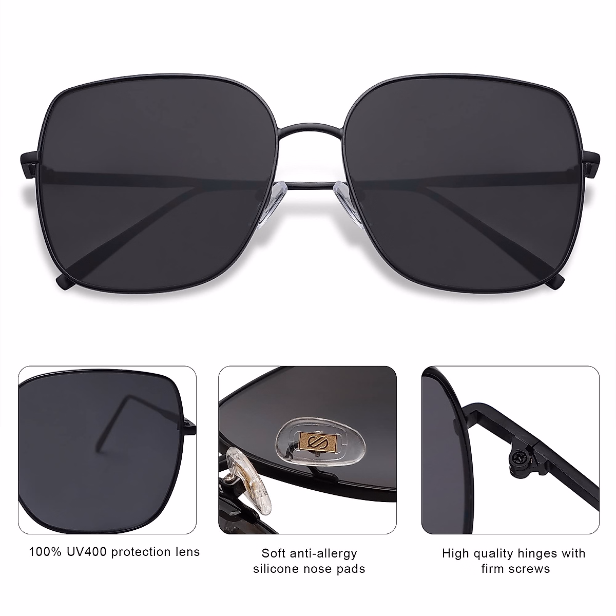 SOJOS Trendy Oversized Square Metal Frame Sunglasses for Women Men Retro Big Flat Lens UV Protection Sunglasses SJ1146, Black Frame/Grey Lens