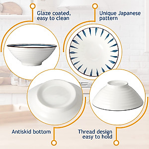 Geiserailie Ceramic Ramen Bowl, 40 oz Japanese Large Noodle Bowls with Spoons, Chopsticks and Chopsticks Stand for Udon, Soba, Pho, Noodles, Ramen, Salad and Soup, Set of 4 (Retro Style)