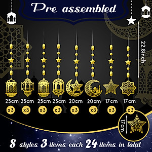24 Pcs Ramadan Garland Eid Decoration Streamer Ramadan Mubarak Party Banner Star Moon Lantern Streamer Backdrop Shining Hanging Wall Decorations for Home Wedding Birthday Islam Party Decor (Gold)