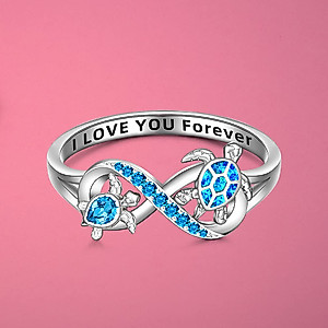 Sea Turtle Ring Blue Opal 925 Turtle Rings for Women Sterling Silver Infinity Cute Ocean Tortoise Jewelry I Love You Forever BFF Mother Day Christmas Gifts Size 6