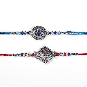 ARTISENIA Designer Rakhi Set of 2 Rakhi for Brother with Raksha Bandhan Greeting Card | Roli Chawal Tika - Raksha Bandhan Kundan Rakhi for Brother | Rakhi for Bhaiya | Rakhi Thread RNJ007