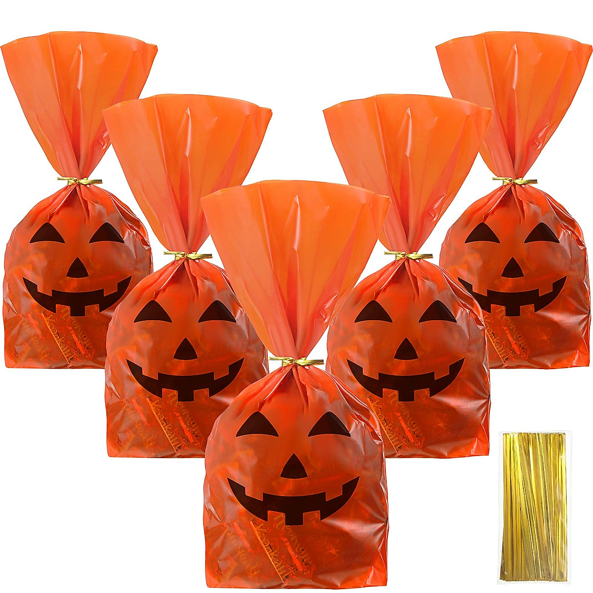 50 Pieces Halloween Favor Bags Pumpkin Smile Pattern Flat Cellophane Treat Bags Halloween Plastic Party Bags for Bakery, Popcorn, Cookies, Candies and Dessert with 100 Pieces Gold Twist Ties