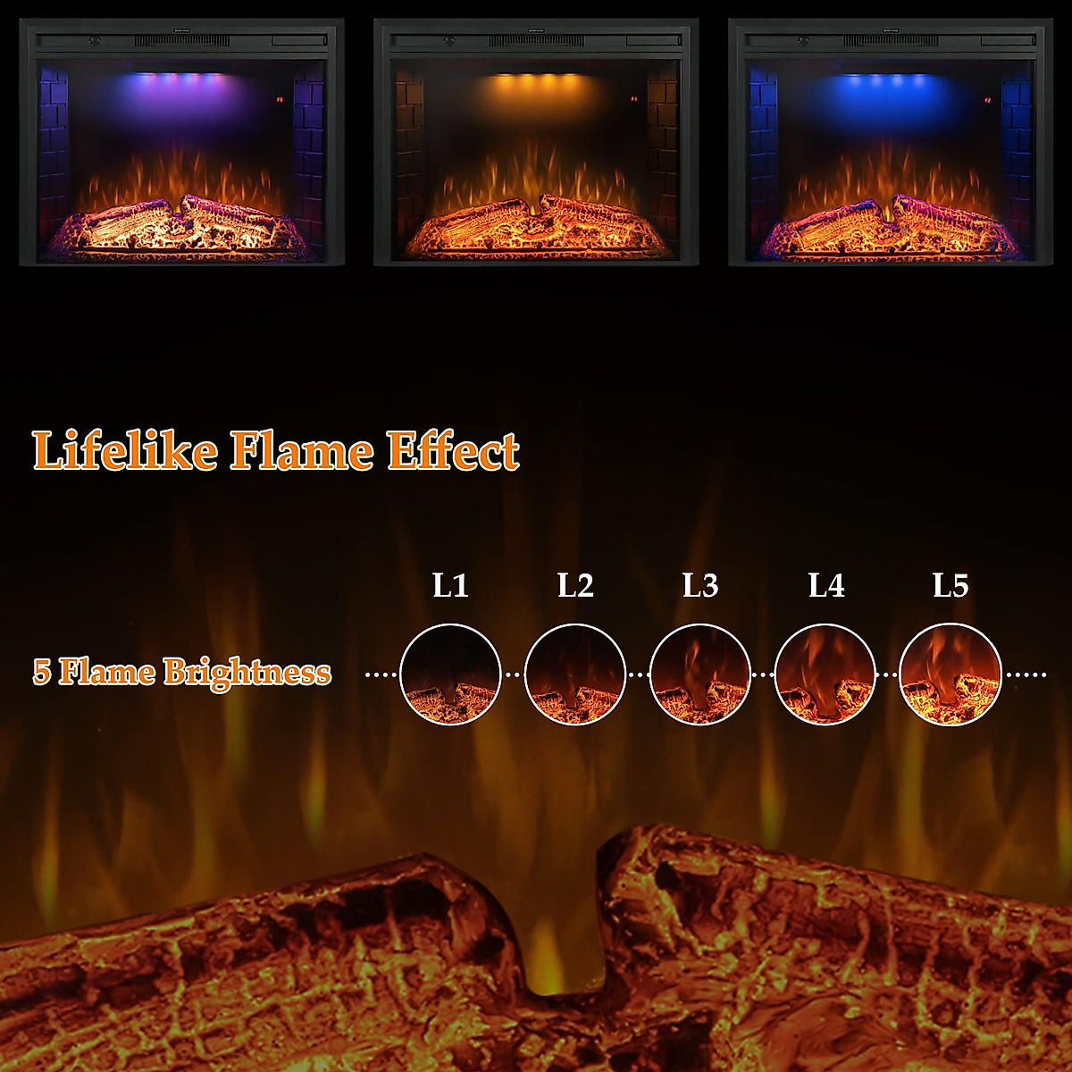 Velaychimney 67 Inch Electric Fireplace TV Stand, Wood Media Entertainment Center Table with Storage Cabinet & Adjustable Shelves, 25" Fireplace Insert Adjustable Flame, Crackling Sound (Brown)