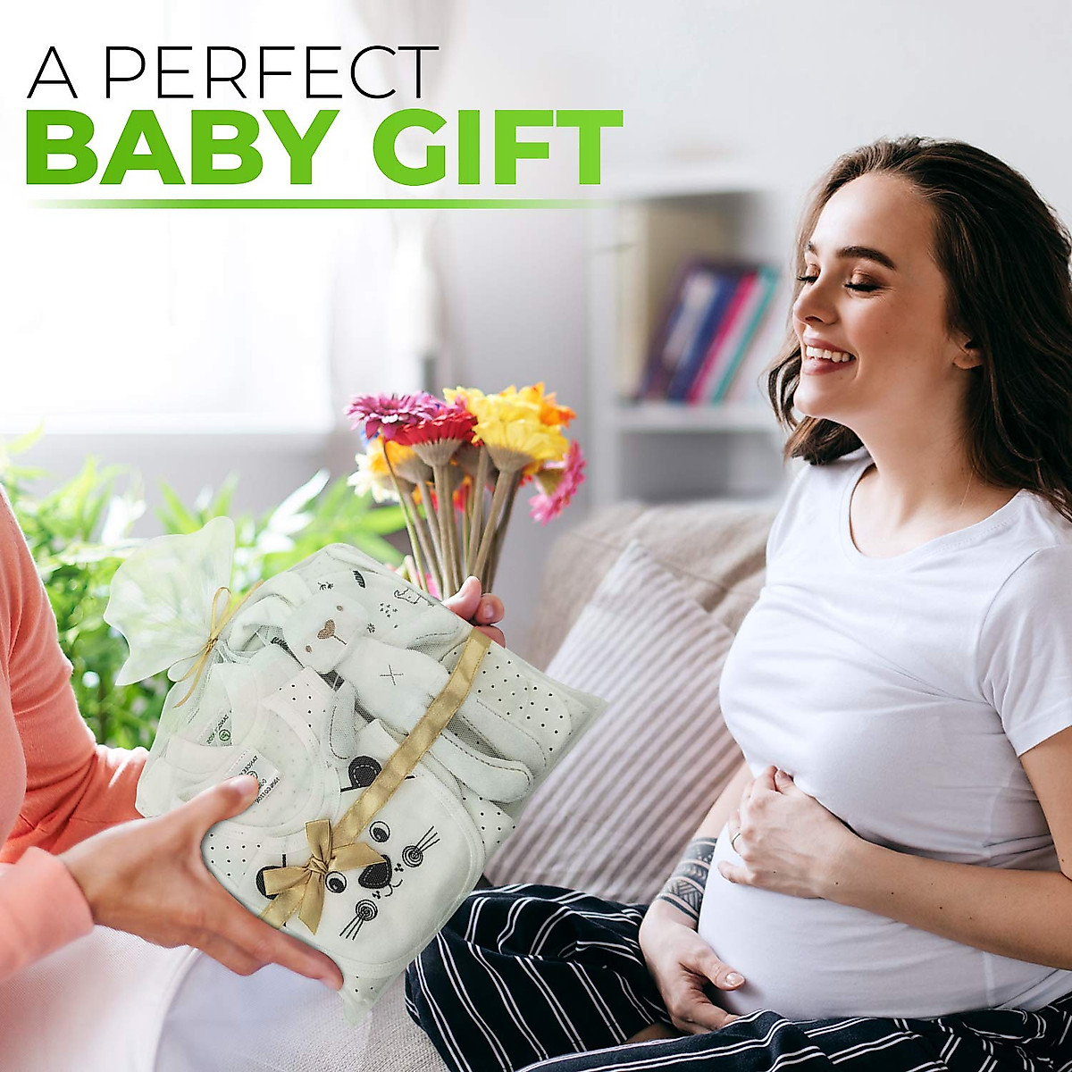 TANGEE KIDS Baby Shower Gift 7 Piece Ivory White (0-3 Months), Newborn Premium Cotton Baby Clothes Boy Girl, Gift Registry, Bodysuits, Bib, Hooded Blanket, Mittens, Hat, Stuffed Toy