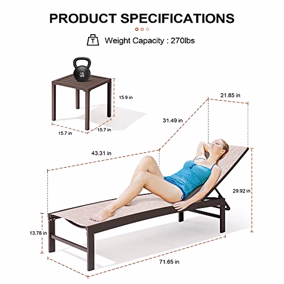 Crestlive Products Patio Chaise Lounge Set, 2PCS Outdoor Aluminum Lounge Chairs with 1PC Side Table, Adjustable Five-Position Recliner for Beach Pool Sunbathing Lawn, Yard (Beige)