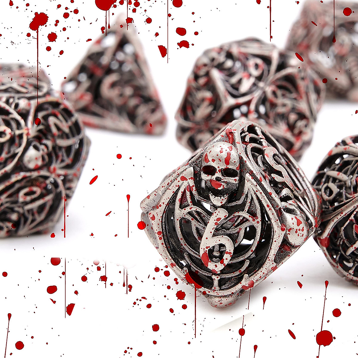 qile DND Hollow Metal dice Skeleton bloodstain 7-Piece Set, Suitable for Dungeon and Dragon RPG Board Games, D &D Pathfinder and Teaching, etc。