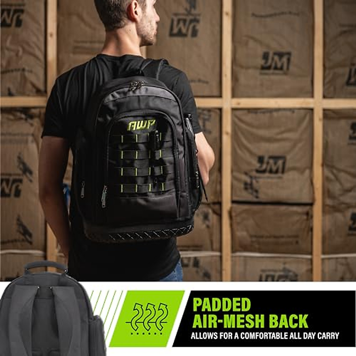 AWP Extreme Tool Backpack, Heavy-Duty Tool Bag with Padded Shoulder, Back, and Waist Straps, Water-Resistant Construction Black