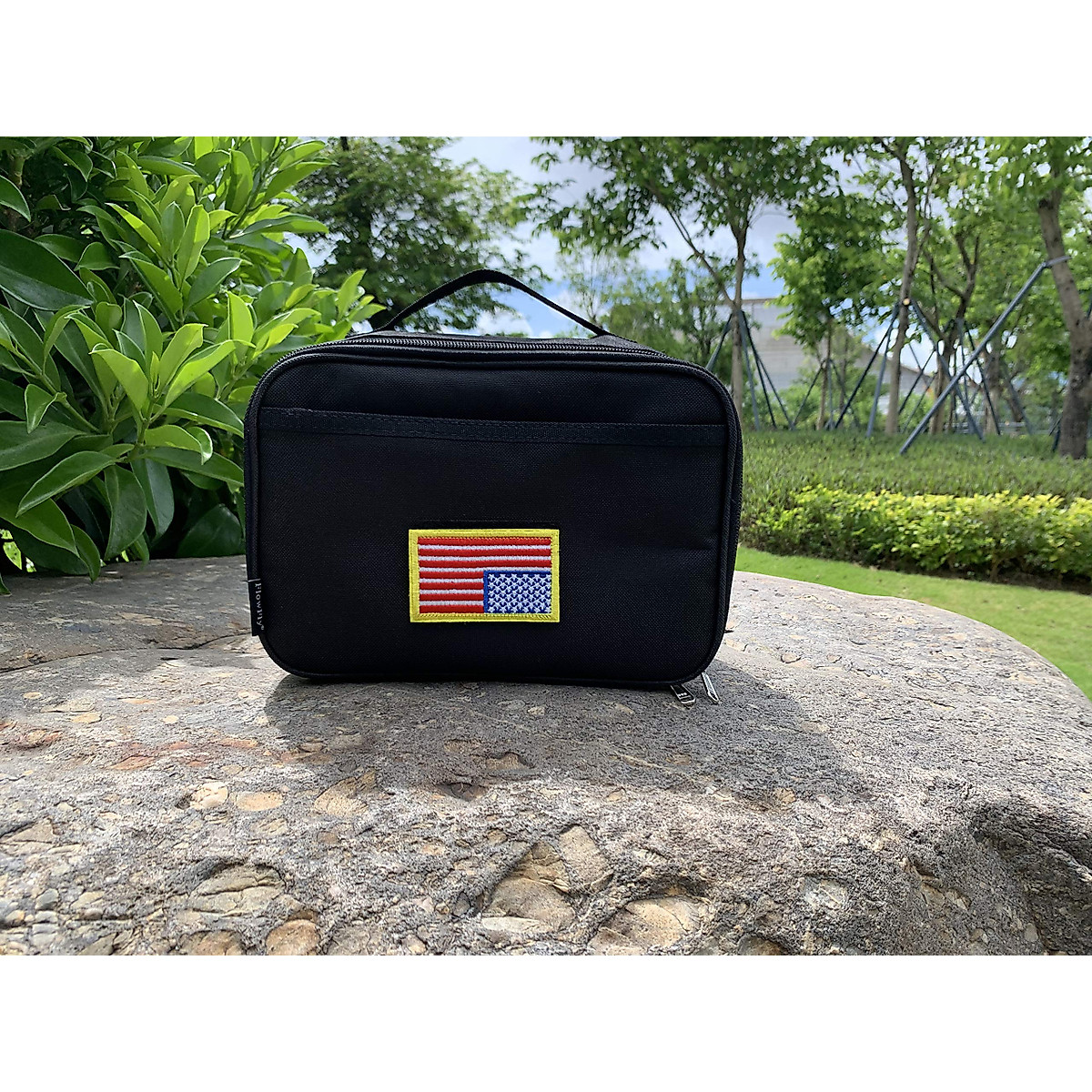 FlowFly Kids Lunch box Insulated Soft Bag Mini Cooler Back to School Thermal Meal Tote Kit for Girls, Boys, Black Free USA Flag Patch Included