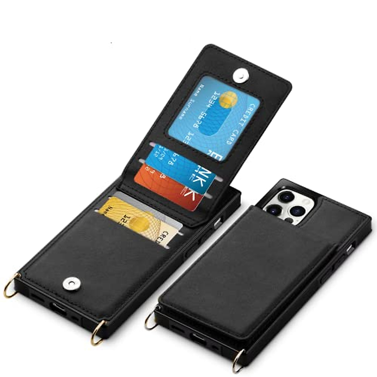 Vofolen Compatible with iPhone 12 Wallet Case iPhone 12 Cover with Credit Card Holder Lanyard Crossbody Strap Leather Magnetic Clasp Kickstand Heavy Duty Protective Square Flip Cover Black