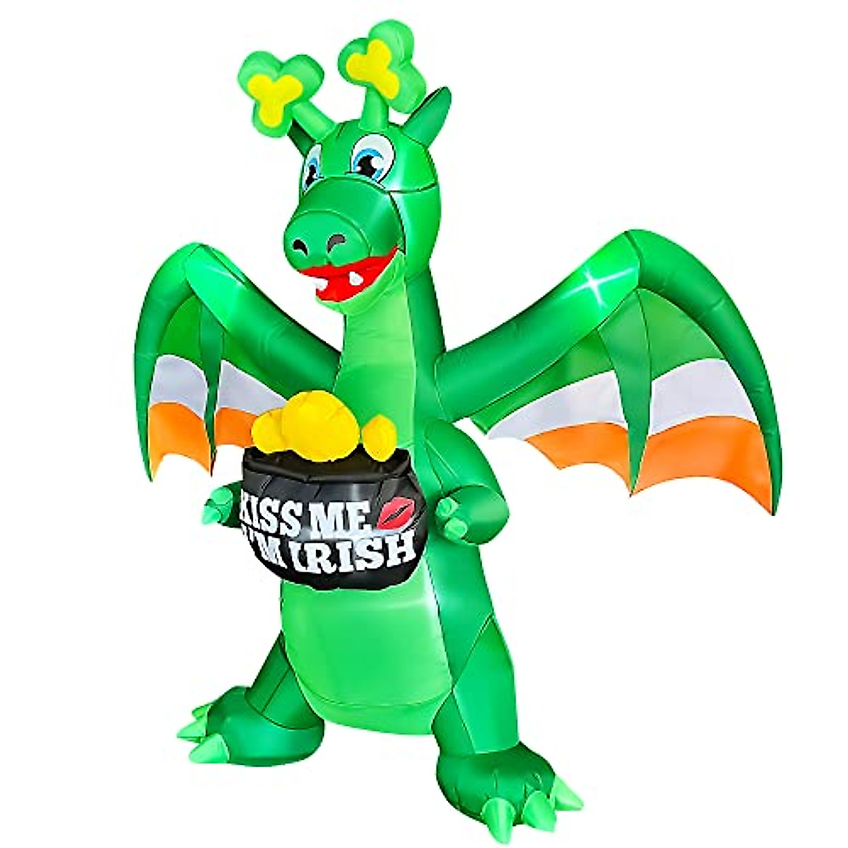 SEASONBLOW 7 Ft Inflatable St. Patrick's Day Dragon Holding a Pot of Gold Decoration with Shamrock Horn Irish Wings LED Blow Up Yard Decor for Lawn Yard Garden Indoor Outdoor Holiday Party
