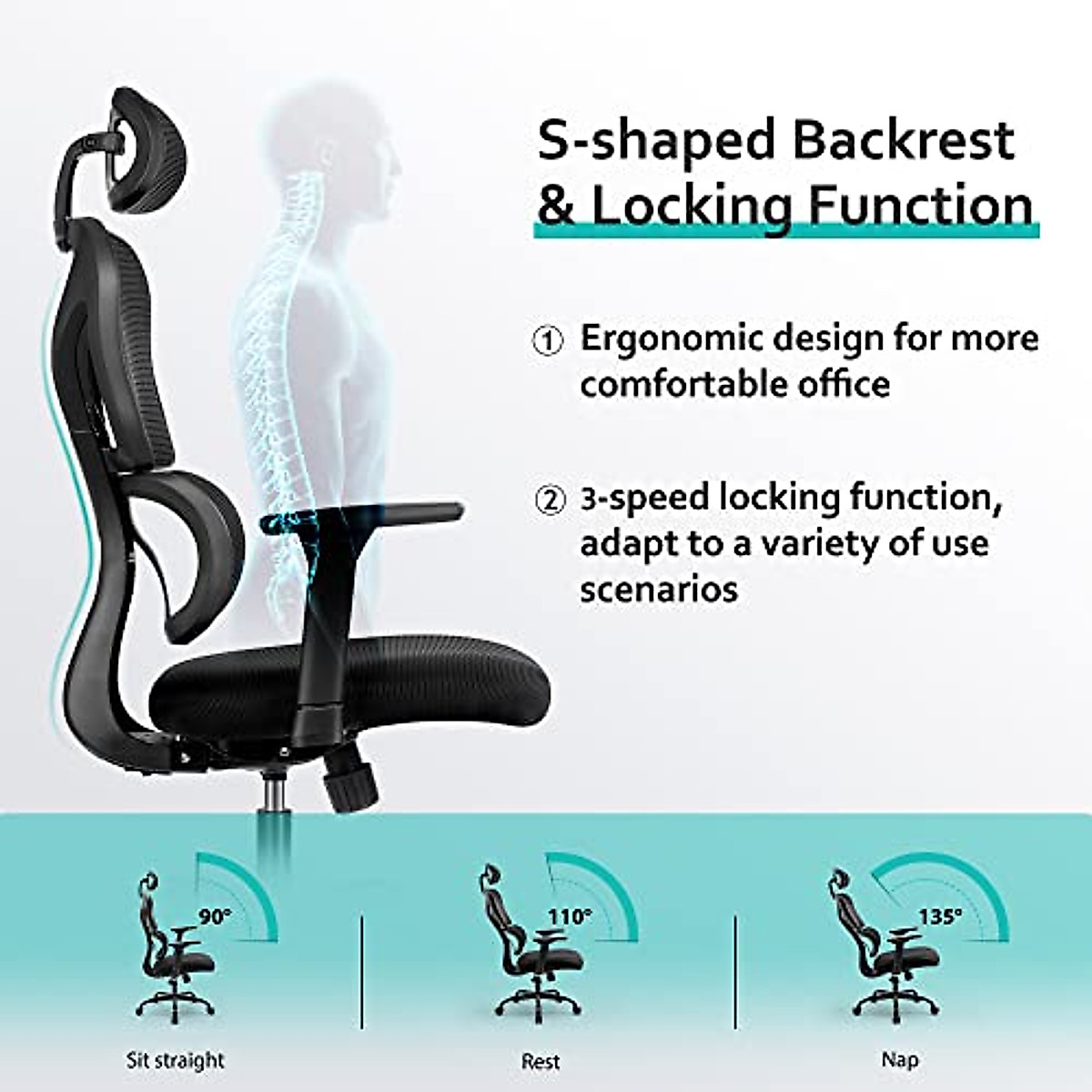 Ergonomic Office Chair, KERDOM Home Desk Chair, Comfy Breathable Mesh Task Chair, High Back Thick Cushion Computer Chair with Headrest and 3D Armrests, Adjustable Height Home Gaming Chair