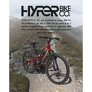 Hyper Kids Mountain Bike 24 Inch Youth Downhill Mountain Bike. Shimano 18 Speed Twist Shifters and Steel MTB Bike Frame. Full Suspension Mountain Bike. Shocker (Red/Black)