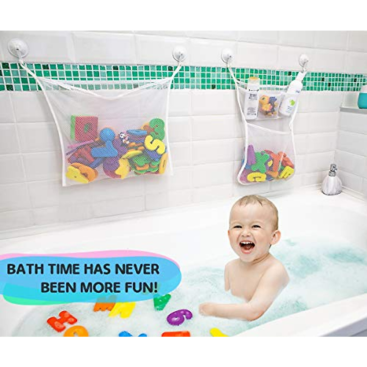 Comfylife 2 x Mesh Bath Toy Organizer + 6 Ultra Strong Hooks + 36 Bath Letters & Numbers – Eco-Safe, Fun, Educational Foam Baby Bath Letters and Perfect Toy Storage Net for Baby Bath Toys & More