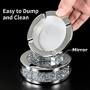 Ashtray, Cool Ashtrays for Cigarettes Outdoor, Cute Glass Ash Tray for Weed, Crushed Diamond Home Decor, Bling Crystal Ashtray for Smokers Indoor Use, 4"L x 4"W x 1.57"H, Silver
