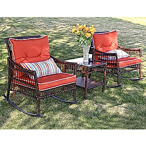 DECMICO Outdoor Rocking Chairs 3 Pieces Patio Conversation Front Porch Furniture, Wicker Rocking Chairs Bistro Set with Glass Coffee Table and Cushions for Garden and Balcony…
